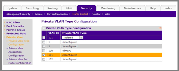 How do I assign private-VLAN type (Primary, Isolated, Community) using the web interface on my ...